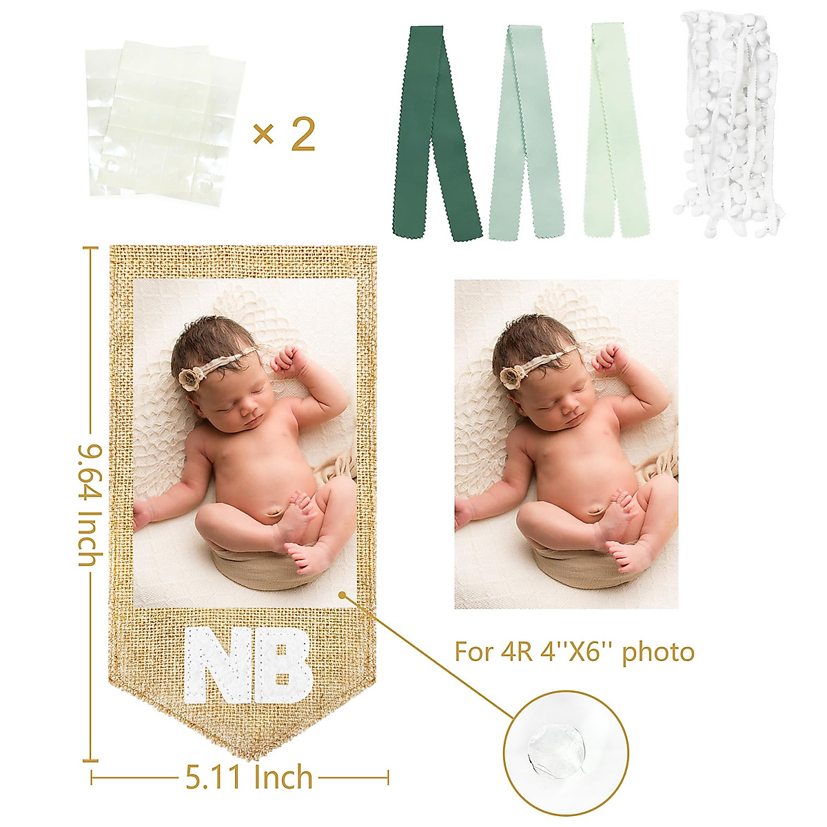 pinkblume 1st Birthday Burlap Photo Banner Garland Handmade Felt from Newborn to 12 Months with Gradient Sage Green Ribbon for Baby Boy Girl Monthly Milestones First Birthday Party Decoration Supplies