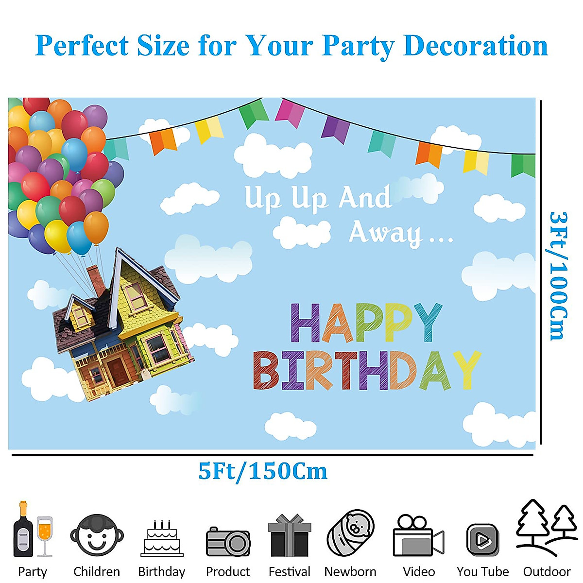 UP Happy Birthday Background Banner Blue Sky White Cloud Balloon Party Decoration Photography Background Banner 7x5 ft