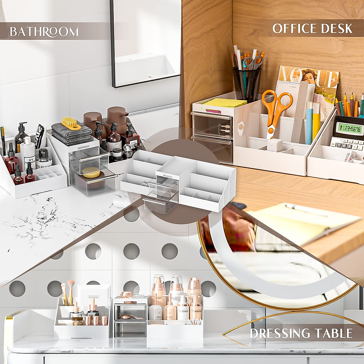 Makeup Organizer, Large Capacity with Drawers for Vanity, Makeup Brush, Nail Polish and Beauty Supplies White/Clear