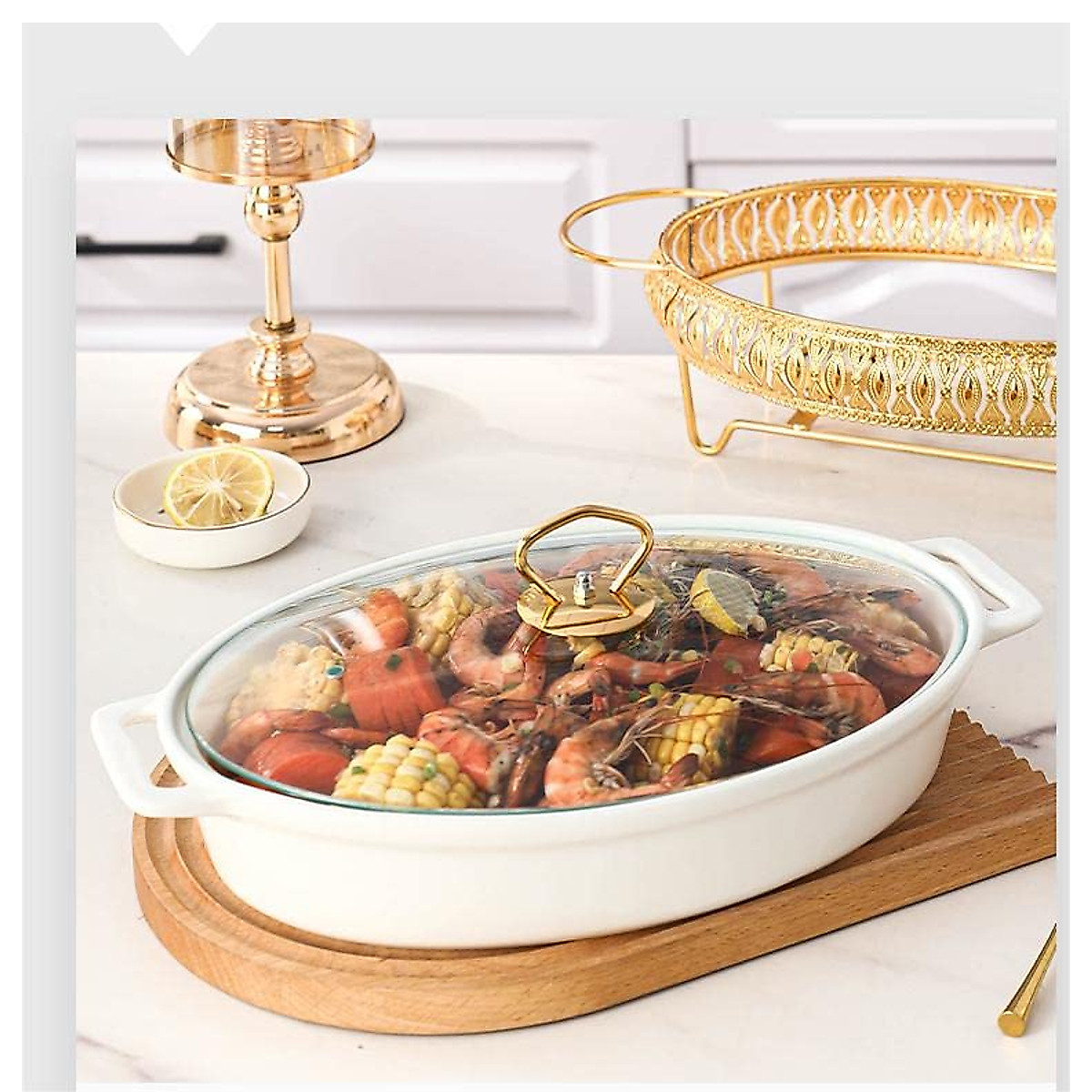 HONHPD 3 Piece Set Stainless Steel Oval Chafing Dish Buffet Set, Ceramic Marble Finish Chafer with Glass Lid, Chafer and Buffet Warmer Set for Buffet Weddings Parties Banquets, Golden