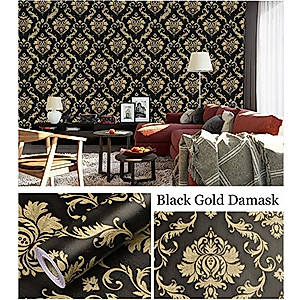 LIFAVOVY Upgrade Thickening Contact Paper Black Gold Damask Wall Paper 17.7 Inch x 32.8 FT Self Adhesive Peel and Stick Wallpaper for Kitchen Countertop Cabinet Furniture Bedroom Decor