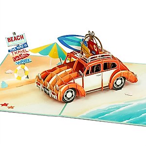 POPWOW Car Pop Up Card, Beetle Bug, New Adventure, Road Trip, Vacation 3D Travel Card for Birthday, Graduation, Congratulations, Retirement, Work Anniversary, Farewell, Goodbye, Bon Voyage, 5x7