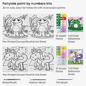 Arteza Kids Paint by Numbers Kit, 10" x 10", Pre-Printed Fairytale Canvas Painting Kit with 2 Canvases, 24 Acrylic Paint Pots, 3 Paintbrushes, Art Supplies for Developing Hand-Eye Coordination, Frog