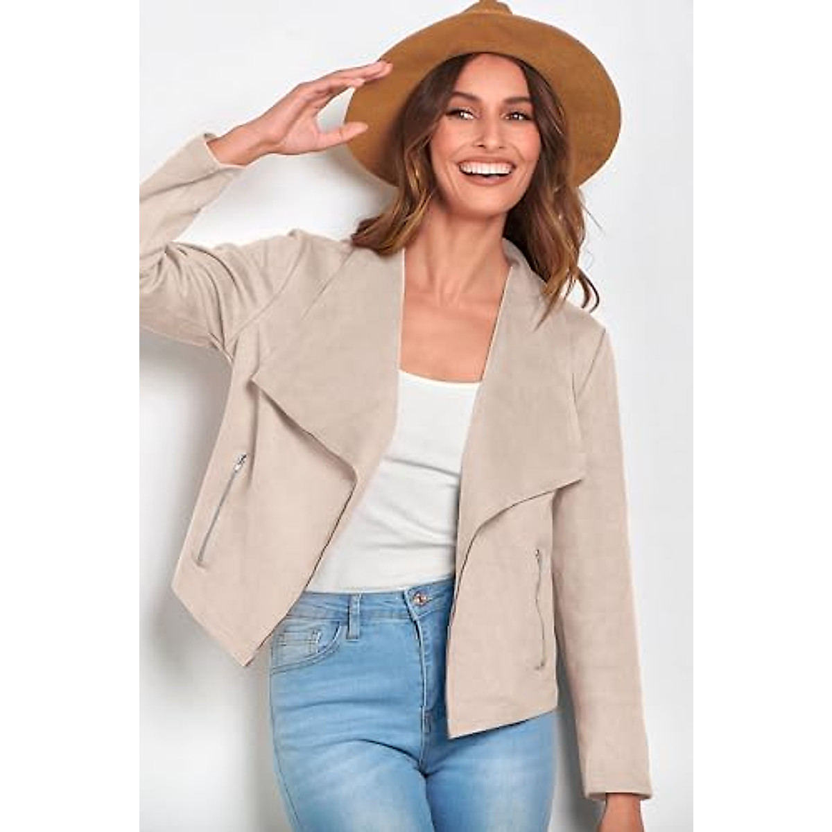 PRETTYGARDEN Women's Faux Suede Jackets 2023 Fall Clothes Long Sleeve Open Front Cropped Coat Outwear (Beige Apricot,Small)
