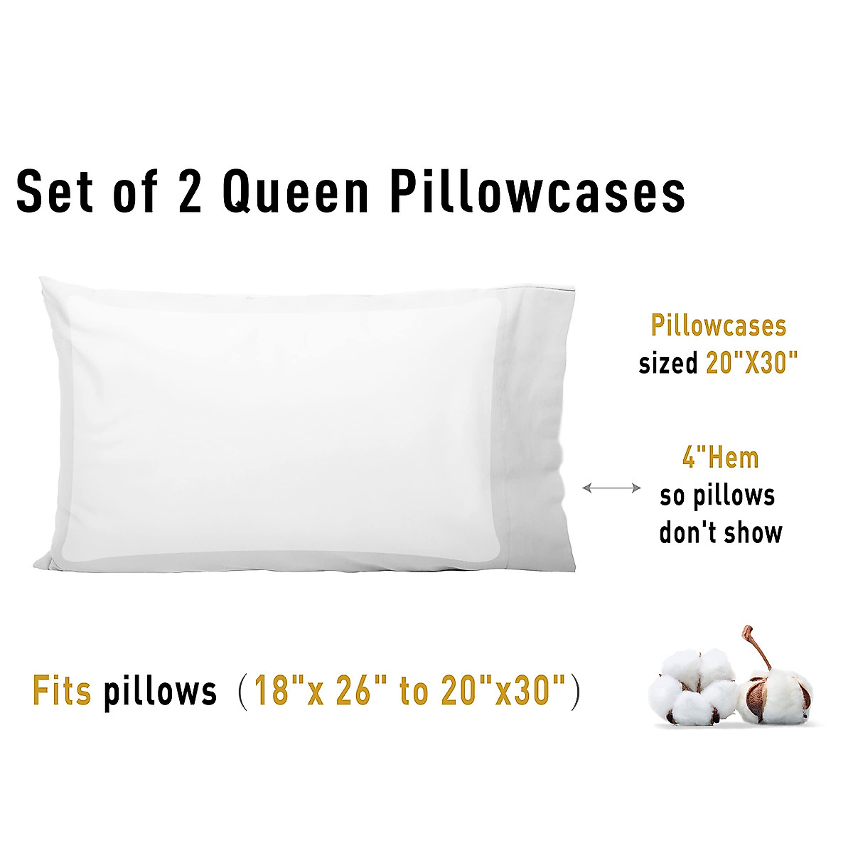 Sunflower Queen Pillowcases Set of 2, 100% Cotton Queen Pillow Cases 2, 20×30 inches Bright White, Soft and Breathable