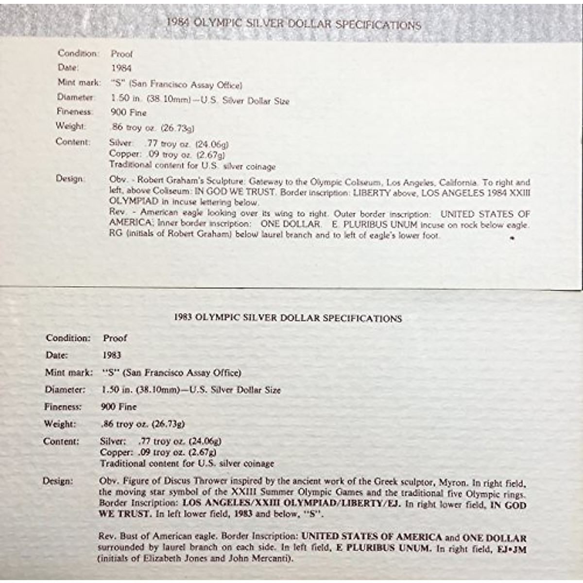 1983 S 1984 Silver Olympic Dollars Comes in the Original Packing from the Mint Proof