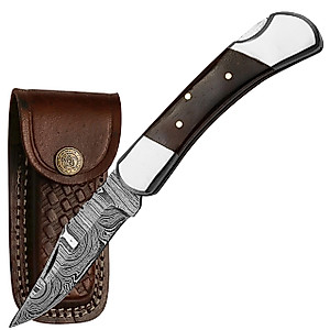 Handmade Damascus Pocket Knife for Men - 7 Inch Damascus Folding Knife with Sheath, Steel Bolster, Pocket Knives and Folding Knives with Back Lock, Pakkawood - Best for EDC, Camping and Hiking