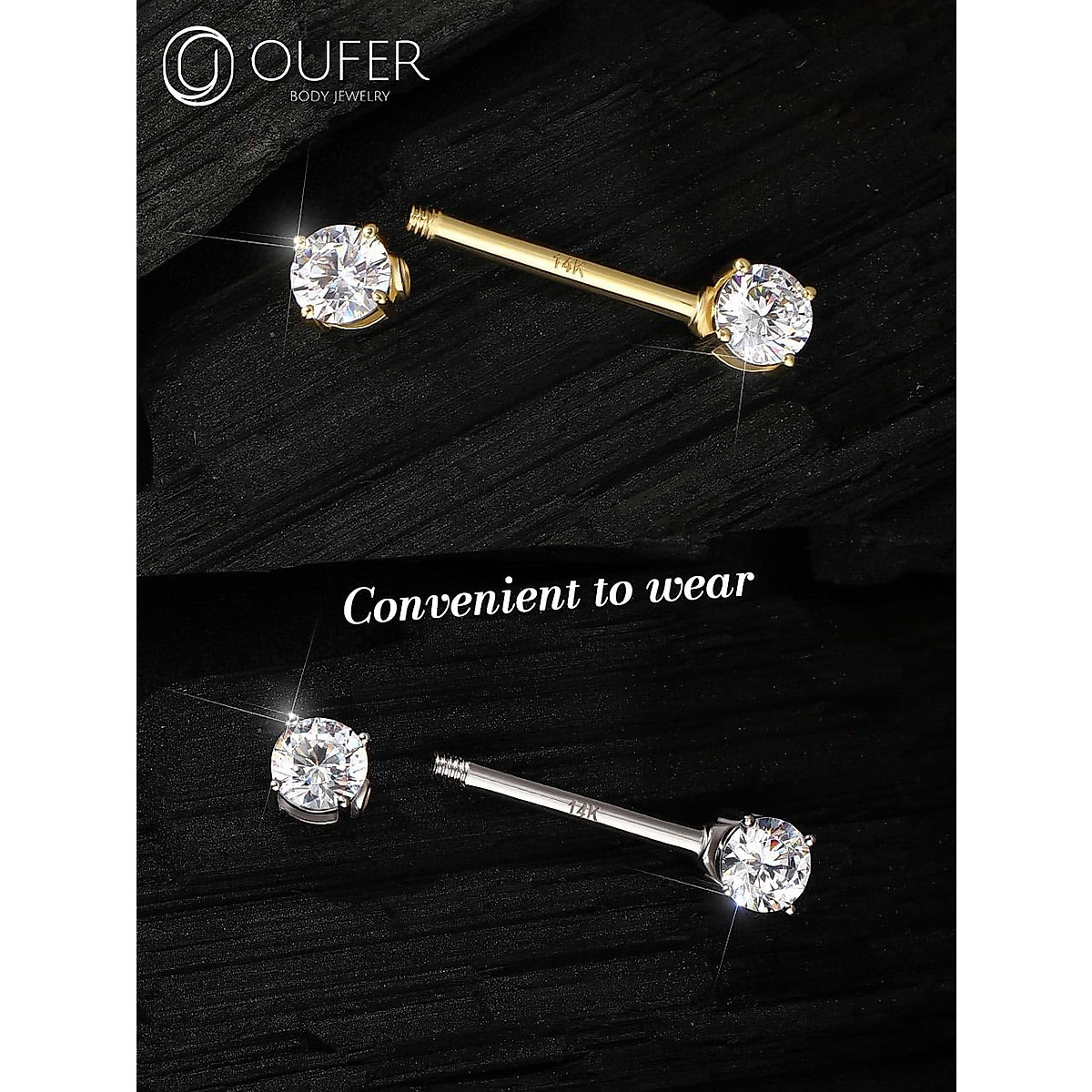 OUFER 2PCS Nipple Rings, 14K Solid Gold Nipple Piercing Jewelry, Clear CZ Nipple Piercing, 14G Nipple Barbells, Nipple Rings For Women Men