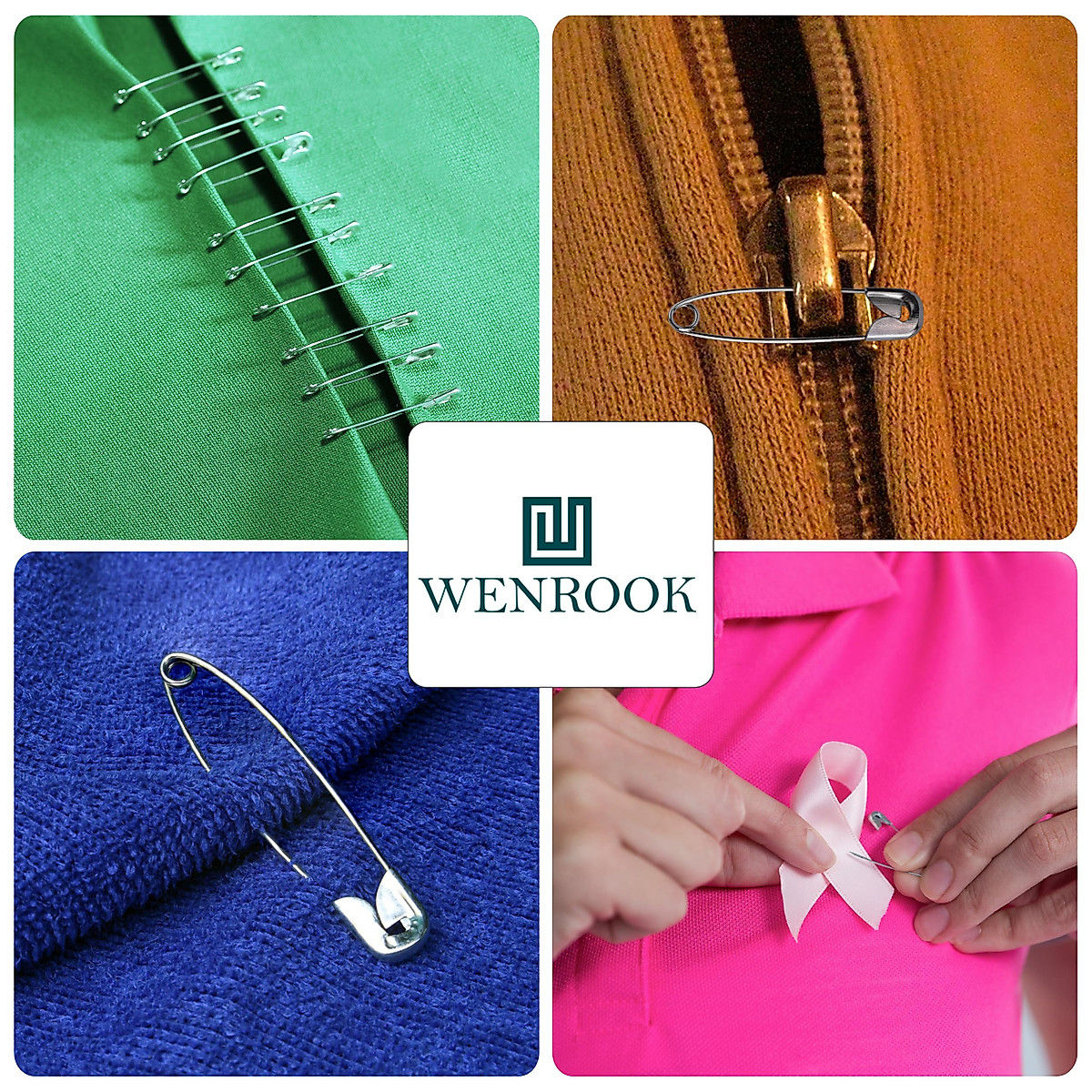 Wenrook Safety Pins Assorted 4-Size Pack of 150 - Strong Nickel Plated Steel, Rust Resistant, Heavy Duty Variety Pack, Perfect for Clothes, Crafts, Sewing, Pinning and More