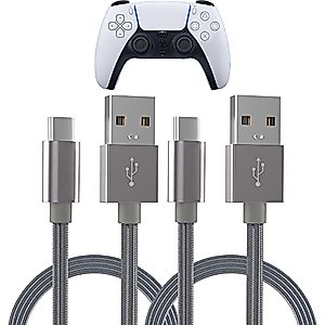 TALK WORKS Playstation 5 USB C Charging Controller Cable - 10' Extra Long Nylon Braided Type C Fast Charger Cord for PS5 (Slate, Pack of 2) (14501)