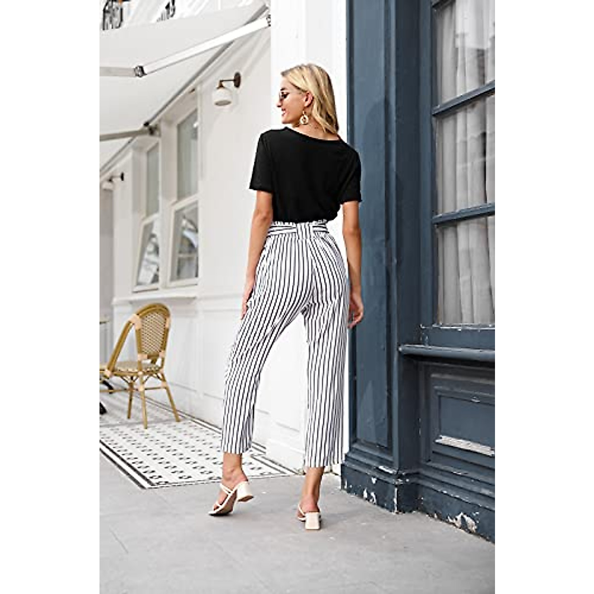 GRACE KARIN Women's Frilled Waist Striped Print Work Pants for Office Business with Belt
