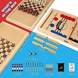 Kiditos 3-in-1 Large Fast Sling Puck Game Checkers Chess Set, 22.83” x 12.60” Popular Wooden Board Game Super Fun Slingshot Toy and Perfect Hockey Toy Gift for Kids, Adults, Friends and Colleagues