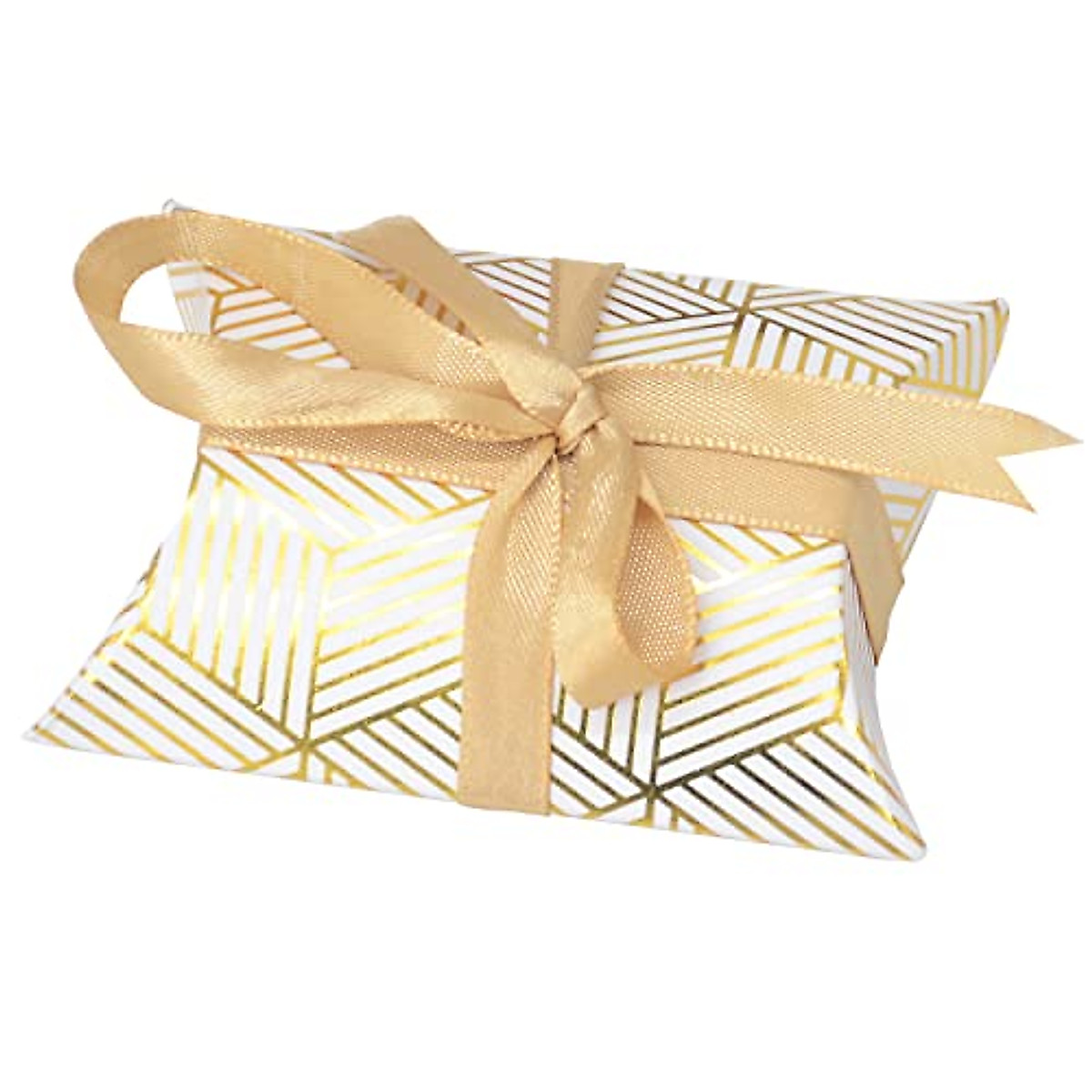 Aokbean Pack of 100 European Kraft Paper Pillow Gift Boxes Wedding Favor Party Supply Favor Gift Candy Box with 50 Yards Ribbon (Gold Stripes)