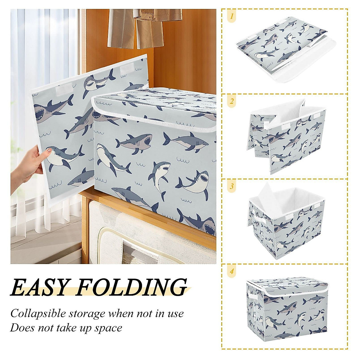 Shark Large Storage Bins with Lid Collapsible Storage Bin Shelf Baskets Cute Bin for Bedroom Closet Shelves Office Nursery