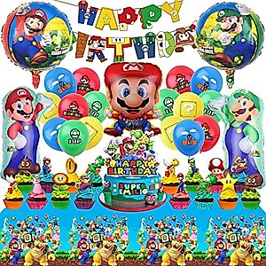 Mario Birthday Party Supplies, Birthday Decorations Set Include Banner Balloons Cake Cupcake Toppers Tablecloth for Boys Girls Video Game Theme Party