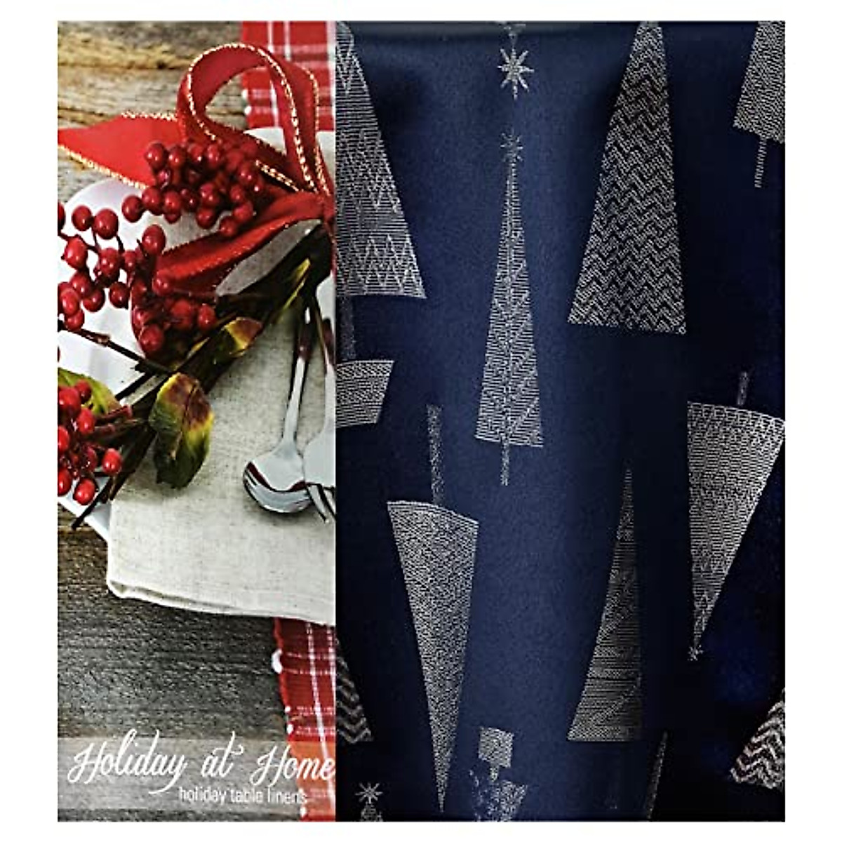 Newbridge Navy Blue and Silver Fancy Metallic Christmas Trees Fabric Holiday Tablecloth, Xmas Tree Contemporary Soil Resistant Easy Care Tablecloth, 60” x 84” Oblong/Rectangle Navy/Silver