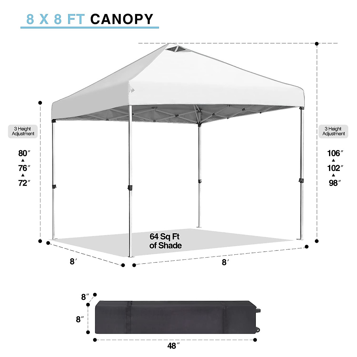 CAJECUS 8' x 8' Pop Up Canopy with Air Vent on The Top, Durable Easy Beach Canopy Tent, Waterproof Outdoor Canopy with 3 Adjustable Height, Roller Bag, 4 Sand Bags, 4 Ropes and 8 Stake