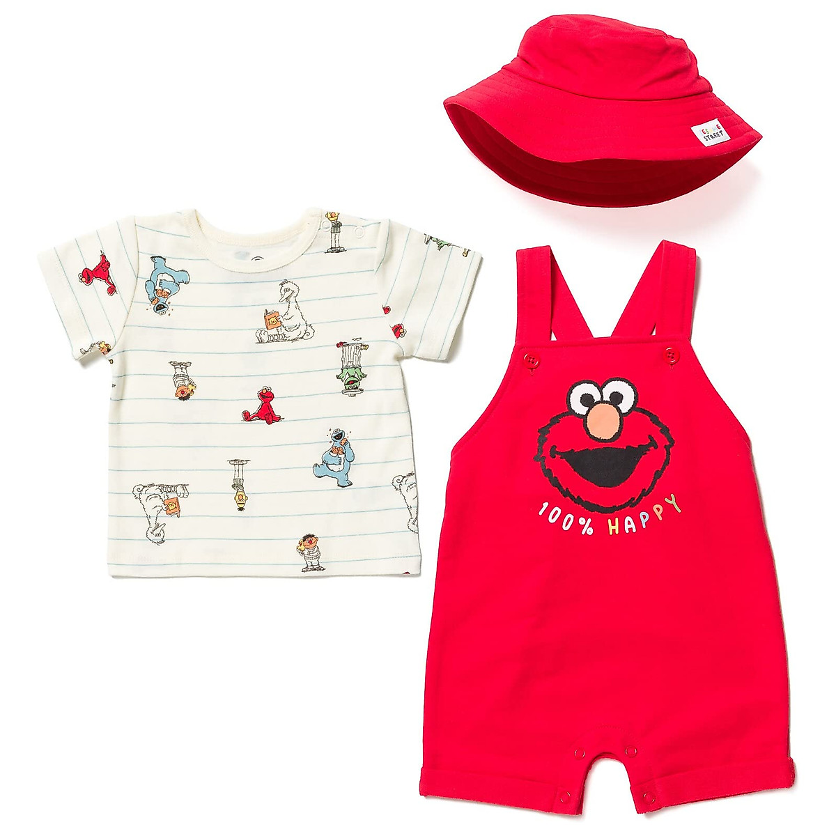 Sesame Street Elmo Newborn Baby Boys French Terry Short Overalls T-Shirt and Hat 3 Piece Outfit Set Red/White 0-3 Months