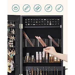 SONGMICS Jewelry Cabinet Armoire, Freestanding Lockable Storage Organizer Unit with 2 Plastic Cosmetic Storage, Full-Length Frameless Mirror, for Necklace Earring, Black UJJC002B01