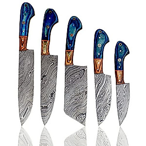 Handmade 5 Pieces Set, Knife Hand Forged Chef Knives Kitchen Set Damascus Steel Knives Gift Item for Her,Fine Tool Professional Chef Knives Set Vegetable Meat Cooking Knife with BLUE Solid Wood Handle