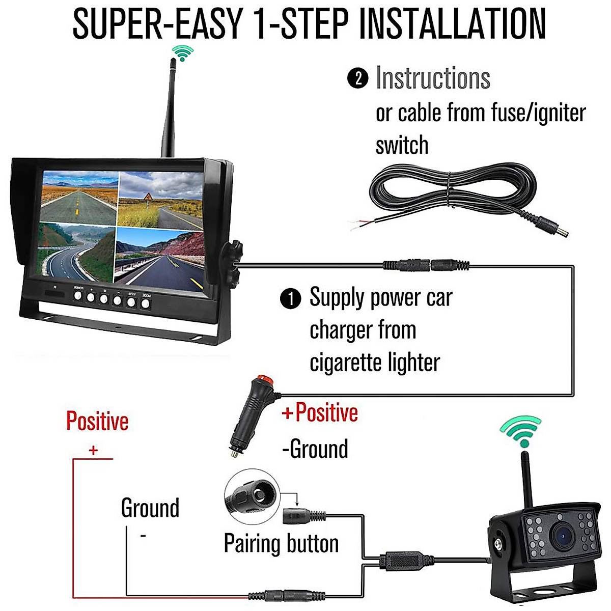 EVERSECU 4pcs Digital HD 1080P Wireless Car Backup Camera with 9 inch 4ch Quad Display Monitor/Car DVR/Dash Monitor/Vehicle Video Recorder for RV/SUV/Van/Pickup/Truck/Trailer Rear/Side/Front View