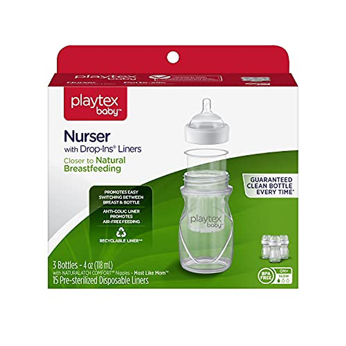 Playtex Baby Nurser Bottle with Pre-Sterilized Disposable Drop-Ins Liners, Closer to Breastfeeding, 4 Ounce Bottles, 3 Count