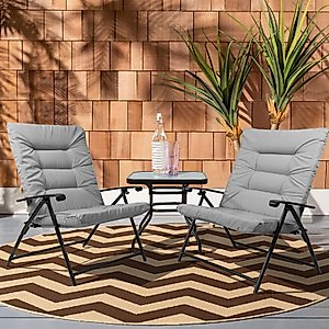 Omelaza 3 Pieces Patio Padded Folding Chair, Outdoor Adjustable Reclining Lounge Chairs with Tempered Glass Table (Grey)