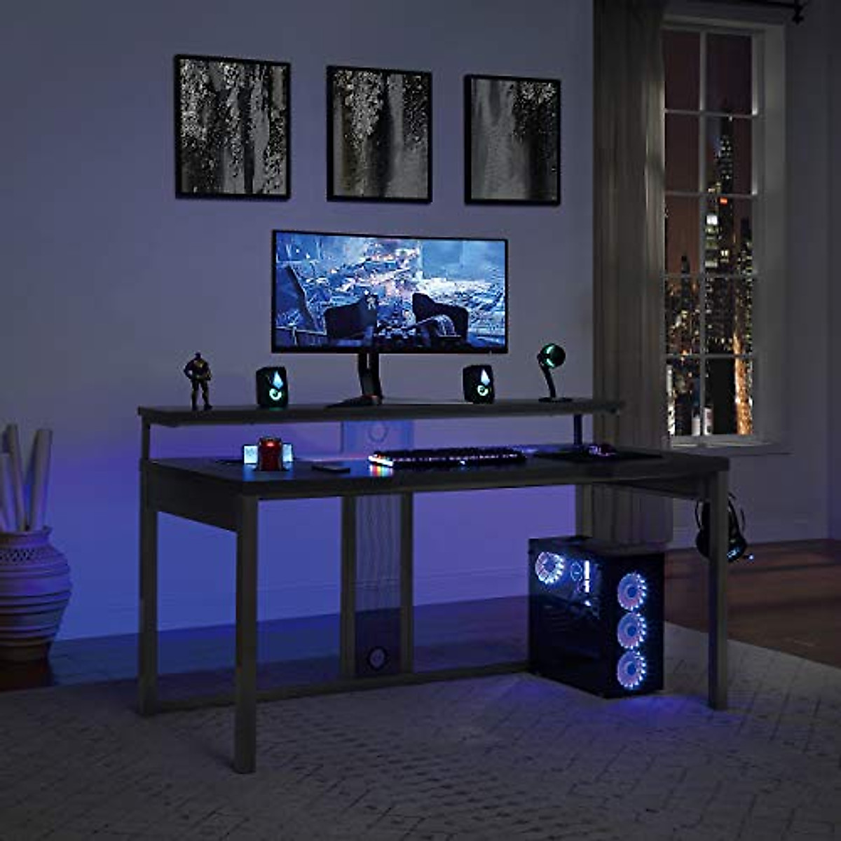 OSP HOME FURNISHINGS Furniture Adaptor 63 Inch Gaming Desk with RGB LED Lights and Smart Power Hub, Matte Black.