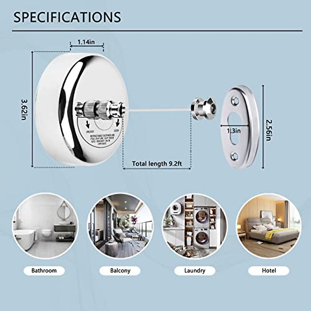 Fivean Retractable Clothesline, 304 Stainless Steel Clothes Line Dryer with Heavy Duty Adjustable Stainless Steel Rope String for Hanging Drying Bathroom, Laundry, Hotel, Indoor & Outdoor