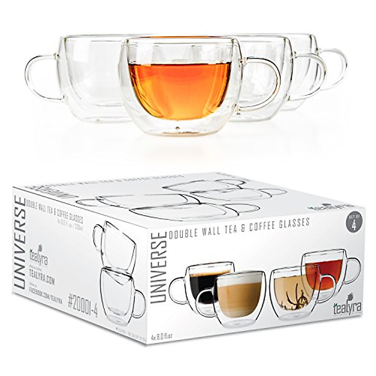 Tealyra - UNIVERSE 8-ounce - Set of 4 - Double Wall Glasses With Handle - Espresso Coffee - Tea - Cappuccino - Clear Cups - Heatproof Insulating - Keeps Beverages Hot - 230ml