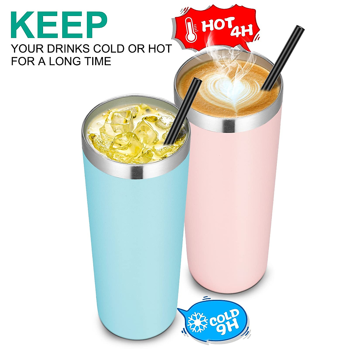 VEGOND Stainless Steel Skinny Tumbler, 20 oz Vacuum Insulated Tumbler with Lid and Straw, Double Wall Coffee Cup, Travel Mug for Cold Hot Drinks, Light Pink 1 Pack