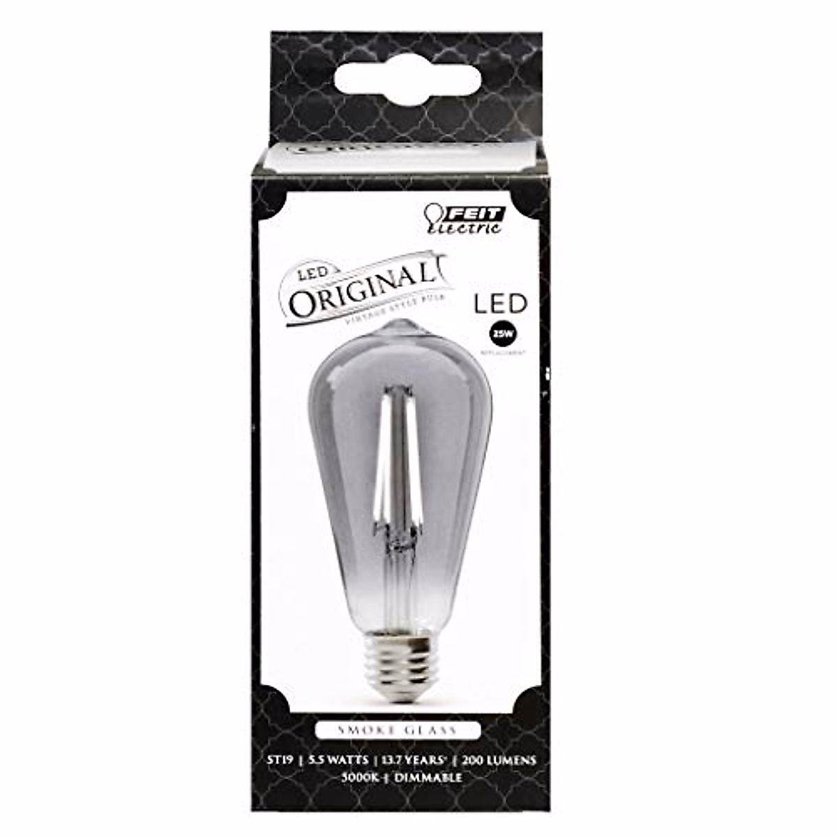 Feit Electric Vintage Exposed Filament Smoke Glass LED ST19 with a Medium E26 Base Light Bulb - 25W Equivalent - 10 Year Life - 200 Lumen - 5000K Dayllight - Dimmable | Original Vintage
