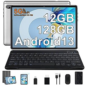 FACETEL Tablet 10 inch Android 13 Tablet Octa-Core 2.0 GHz with 12GB RAM 128GB ROM, 5G WiFi, 6000mAh, HD IPS Touchscreen, Bluetooth 5.0, 1280 * 800, 5+8 MP Newest Tablet with Keyboard Mouse - Silver