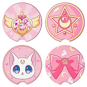 4Pcs Anime Moon Cat Car Coasters with Finger Notch Aesthetic Moon Cat Shaped Absorbent Ceramics Heat Resistant Anti Slip Cork Base Car Drinks Coasters Auto Accessories for College Back to School Gifts