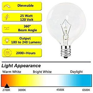 Wax Warmer Bulbs 25 Watt,G50 Light Bulbs for Full Size Scentsy Warmers,120V E12 Base G16.5 Globe Clear Light Bulbs for Candle Wax Warmer,Dimmable,Long Lifespan,Warm White,6 Pack