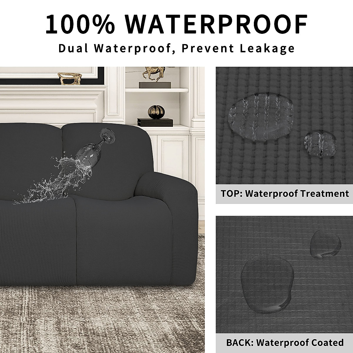 Easy-Going 100% Dual Waterproof Recliner Loveseat Cover, 6-Pieces Stretch Relining Sofa Cover with Pocket, Jacquard 2 Seat Sofa Slipcover Leakproof Washable (Loveseat, Dark Gray)