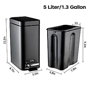 Small Bathroom Trash Can with Lid-5L/1.3 Gal Stainless Steel Step Pedal Trash Can, Black Slim Wastebasket Easy-Close Lid, Removable Liner Metal Garbage Container Bin for Bedroom, Kitchen, Office
