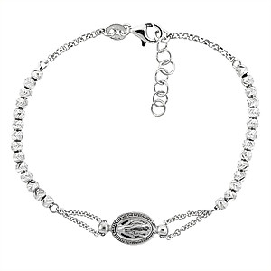 Sterling Silver Miraculous Medal Bracelet Virgin Mary Diamond Cut Beads Rhodium finish Italy