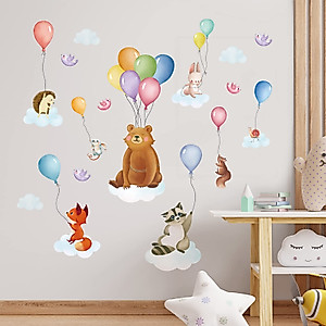wondever Balloon Flying Animals Wall Stickers Bear Raccoon Fox Cloud Peel and Stick Wall Art Decals for Baby Nursery Kids Bedroom