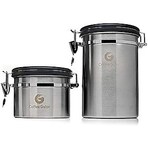 Coffee Gator Coffee Canister Duo Stainless Steel Coffee Container - Fresher Beans and Grounds for Longer - Date-Tracker, CO2-Release Valve and Measuring Scoop - Large & Small, Silver