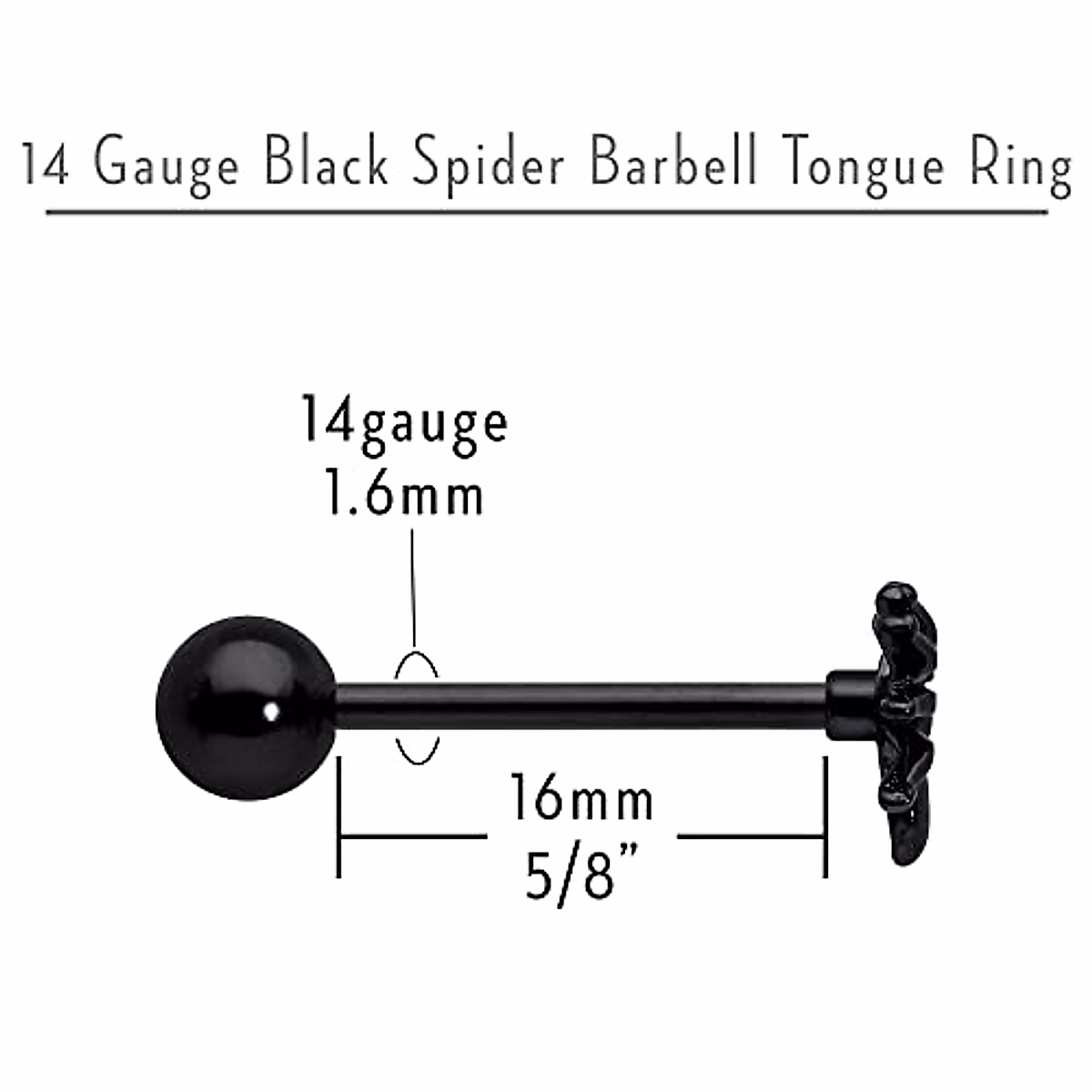 Body Candy Anodized Black 3D Spider Barbell Tongue Ring 14 Gauge 5/8"
