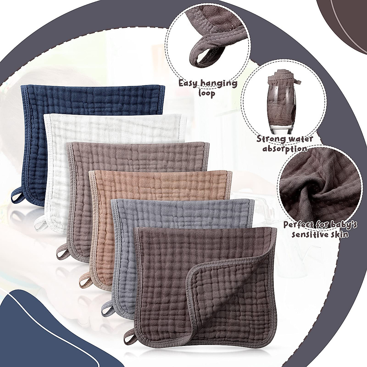 6 Pieces Large 20 x 10 Inch Muslin Multi-Colors Muslin Washcloths Burping Cloth Diapers 6 Absorbent Layers Face Towels for Baby (Simple Colors)