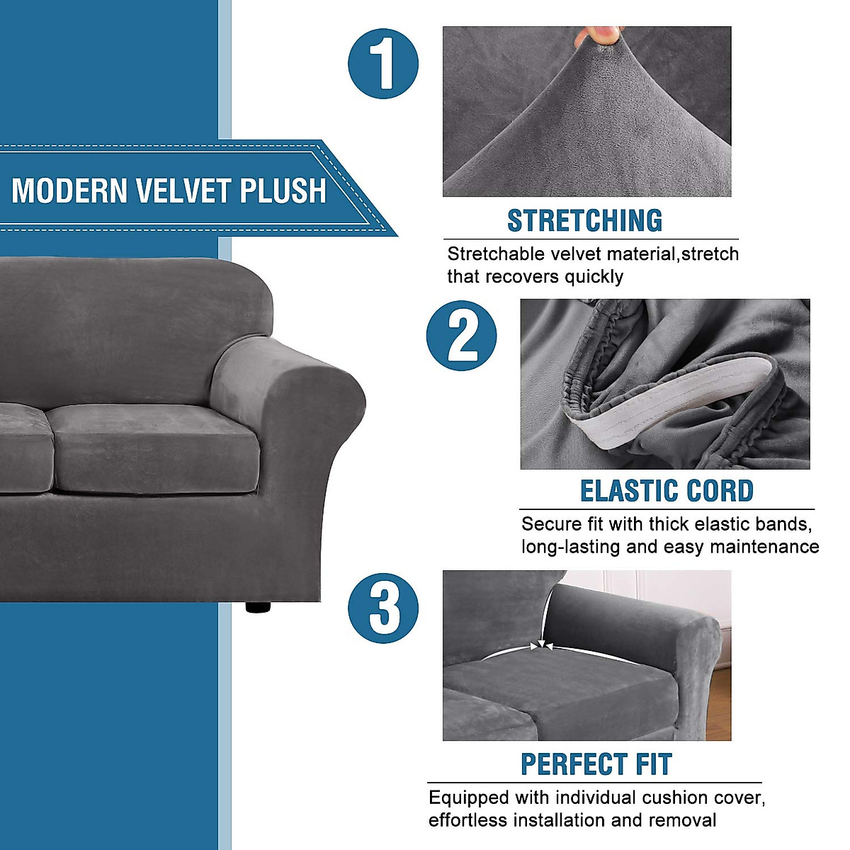 H.VERSAILTEX Real Velvet Plush 3 Piece Stretch Sofa Covers Couch Covers for 2 Cushion Couch Loveseat Covers Width Up to 72 Inch Feature Thick Soft Stay in Place (Medium Sofa, Grey)