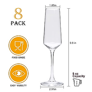 Ufrount Champagne Glasses Set of 8,Elegant 8oz Champagne Flutes,Clear Sparkling Champagne Flutes Glass Mimosa Glass for Prosecco,Restaurant,Wedding,Party,Anniversary