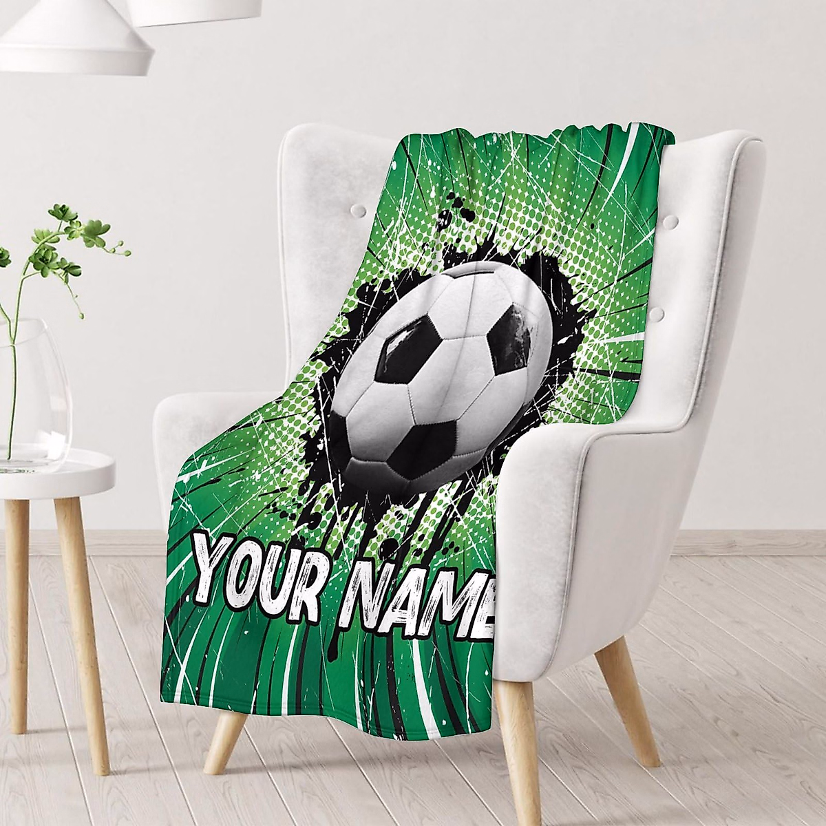 FLEXIMX Personalized Soccer Blanket Gifts for Boys Girls Soccer Team, Sports Throw Blanket for Soccer Lovers Kids Adults Teens, 50x60 Inches Green Flannel Blankets Stuff for Couch Sofa Bed