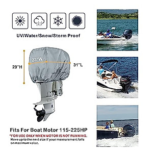 Explore Land Outboard Motor Cover - Waterproof 600D Heavy Duty Boat Engine Hood Covers - Fit for Motor 115-225 HP, Grey