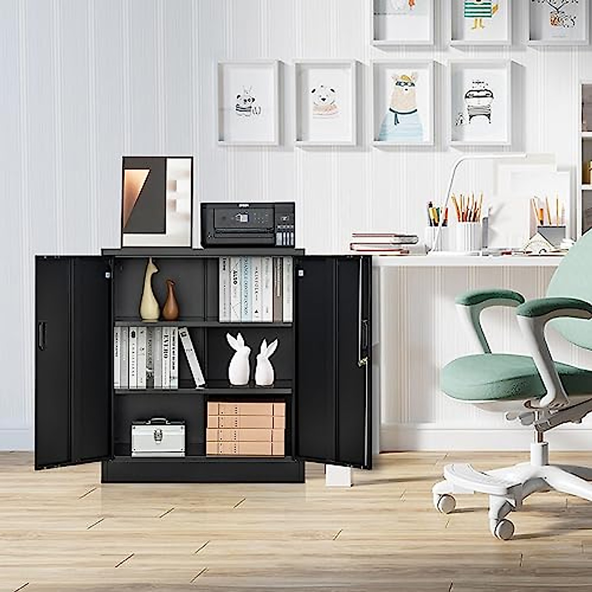 TaskStorz Metal Garage Storage Cabinets，Metal File Cabinet with 2 Adjustable Shelves, Lockable Storage Cabinets for Office, Home, Garage, Warehouse 36" H x 31.5" W x 15.7" D (Black)