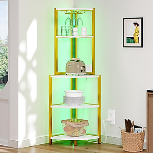 YITAHOME Corner Shelf with Power Outlets & LED Lights & Glass Holder, 5 Tier Corner Bar Rack, Corner Storage Cabinet Display Shelves for Living Room, Dining Room, Kitchen, Gold
