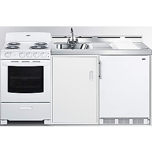 Summit Appliance ACK72COILW 72" Wide All-in-One Kitchenette with 220V 4-Element Electric Coil Range, Refrigerator-Freezer, Sink, Cutting Board and Cutlery Storage, and a Storage Cabinet