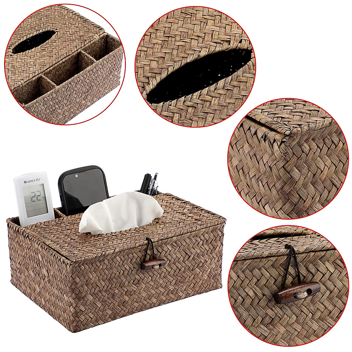 Sumnacon Seagrass Rectangular Tissue Box Cover - Multifunctional Tissue Holder with Stationery Remote Control Box, Decorative Tissue Pen Remote Organizer for Desktop Livingroom Home Office, Caramel